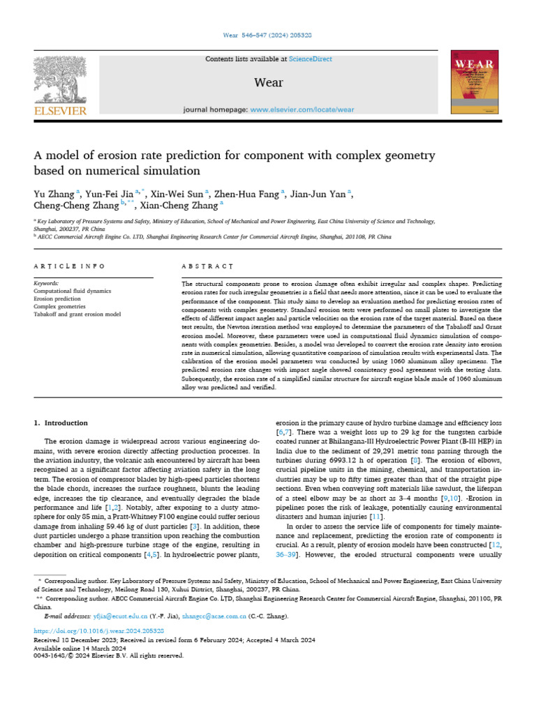 2024 (ZCC) - A Model of Erosion Rate Prediction For Component With Complex Geometry Based On ...