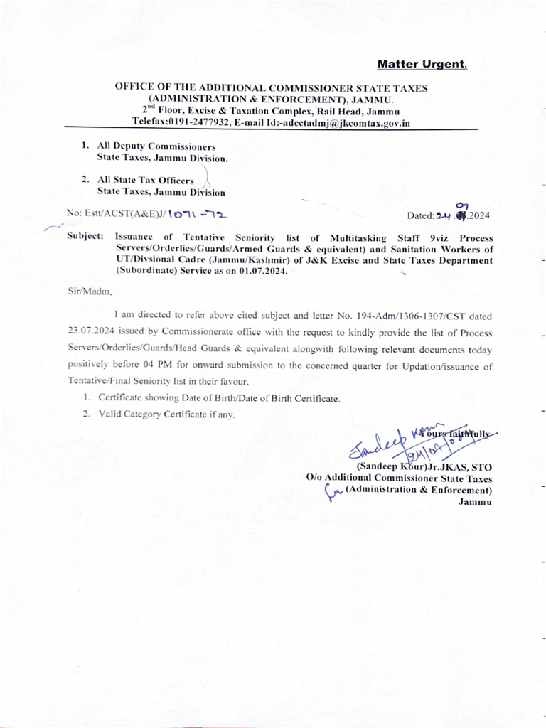 Issuance of Tentative Seniority List | PDF