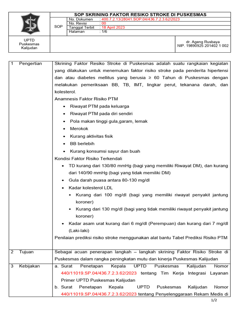 SOP Skrining Faktor Resiko Stroke Di Puskesmas | PDF
