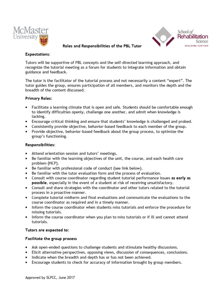 PBL Tutor Roles and Responsibilities | PDF | Evaluation | Learning