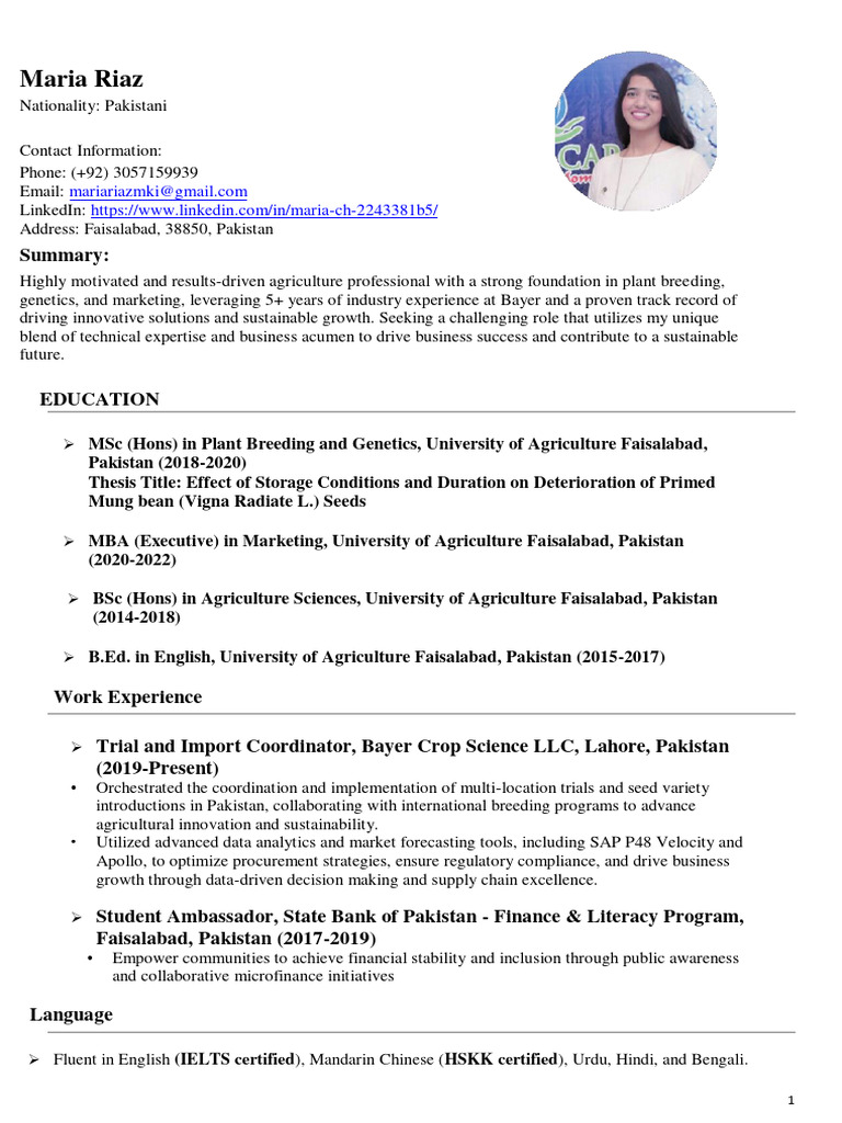 CV - Maria Riaz | PDF | Cucumber | Agriculture