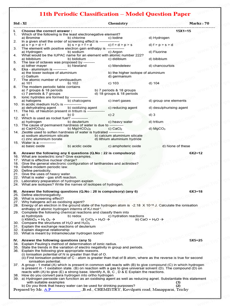 11th Chemistry Periodic Classification Model QP EM | PDF | Redox | Chemical Elements