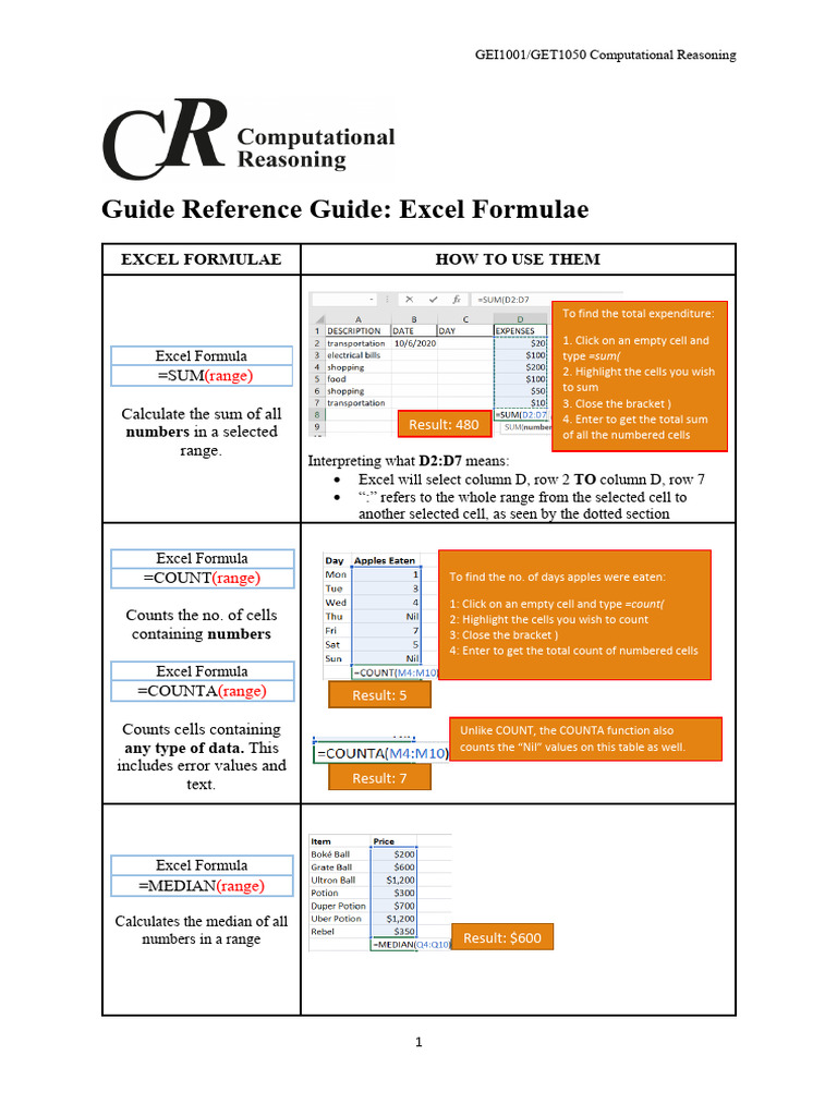 Quick Reference - Excel Formulae | PDF | Microsoft Excel | Computer Science