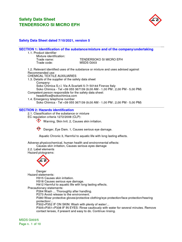 msds TENDERSOKO SI MICRO EFH clp rev. 7 | PDF | Toxicity | Dangerous Goods