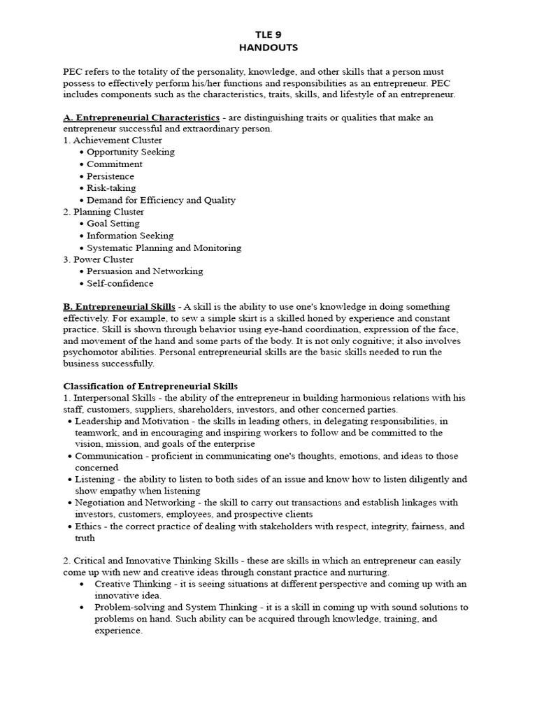 TLE 9 HANDOUTS | PDF | Entrepreneurship | Skill