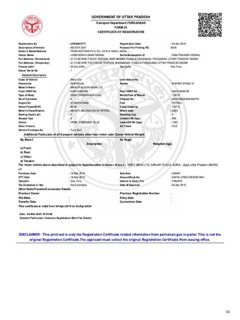 Https Vahan - Parivahan.gov - in Vahanser... Onlineservice Form 23 RC ...
