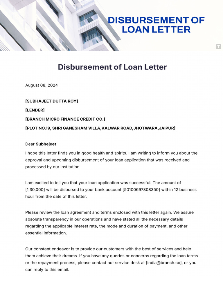 Disbursement of Loan Letter | PDF