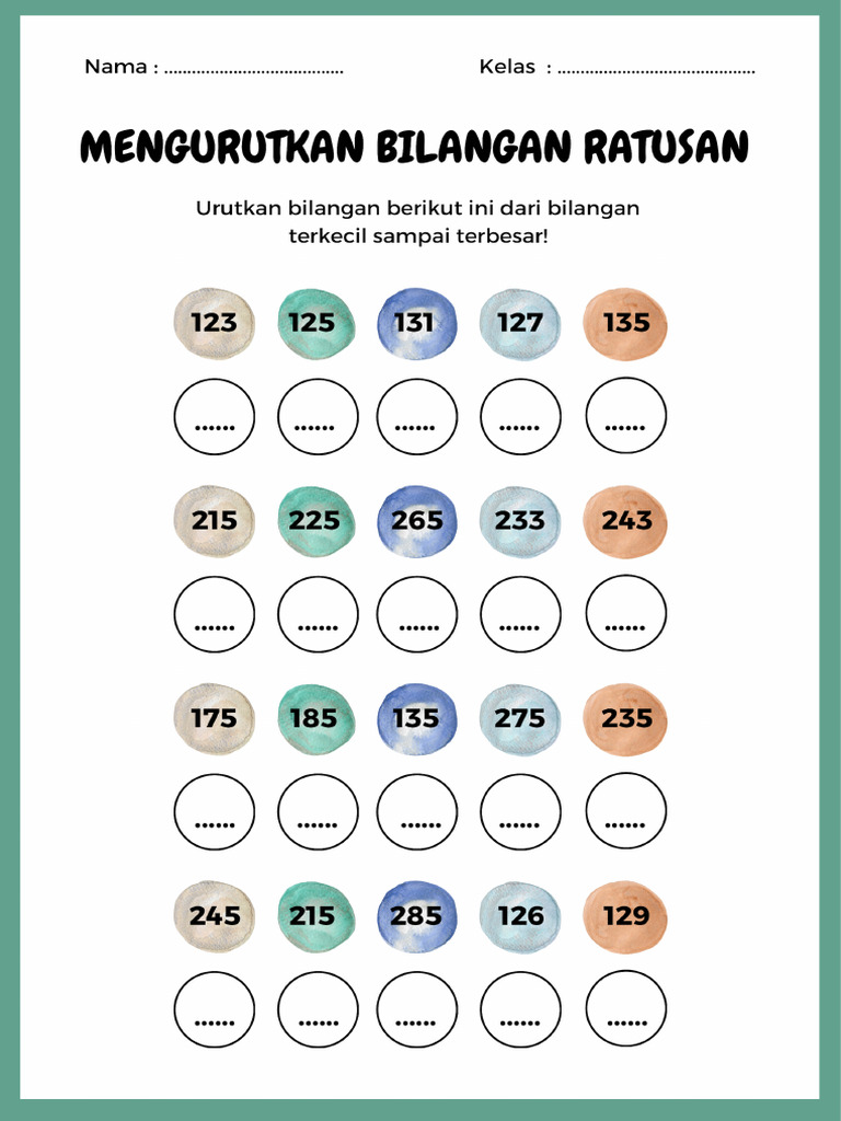 Mengurutkan Bilangan Ratusan Lembar Kerja Hijau Putih Cat Air ...