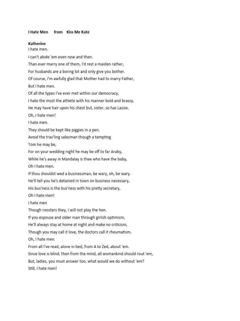 I Hate Men: A Monologue from Kiss Me Kate | PDF