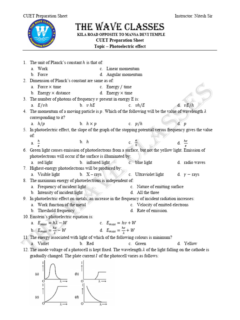 CUET Photoelectric Effect Prep | PDF | Photoelectric Effect | Light