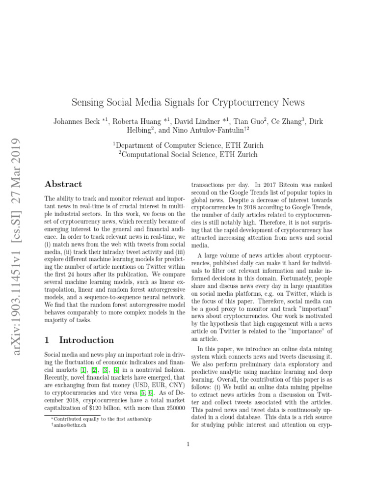 Sensing Social Media Signals For Cryptocurrency News - 2019 | PDF ...