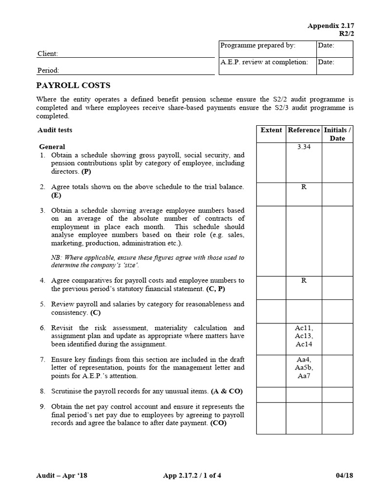 2.17 R2-2 Payroll Costs Audit Programme | PDF | Payroll | Pension