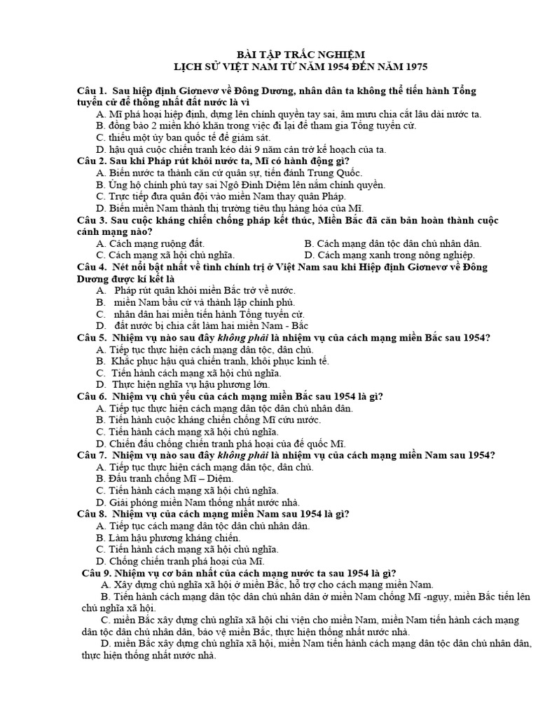 BÀI TẬP TRẮC NGHIỆM LSVN 1954 - 1975 | PDF