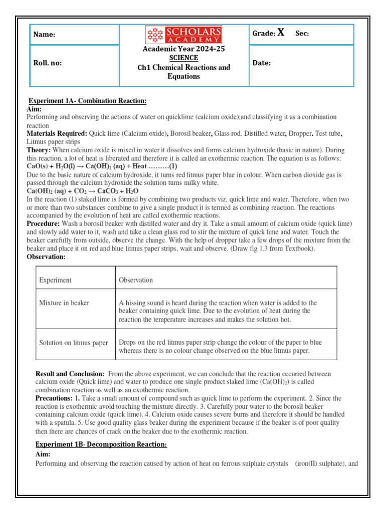 SA Gr10 Science Practicals Ch1 Chemical Reactions and Equations | PDF ...