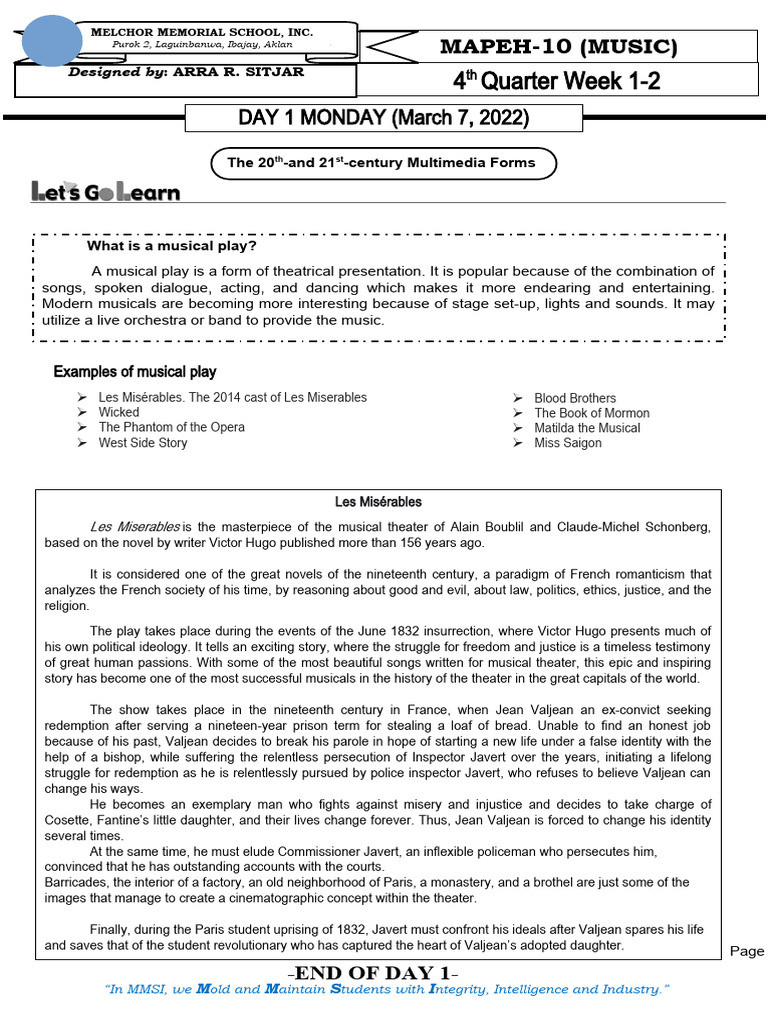 MAPEH 10 Module 13 (MUSIC) | PDF | Play (Theatre) | Musical Theatre