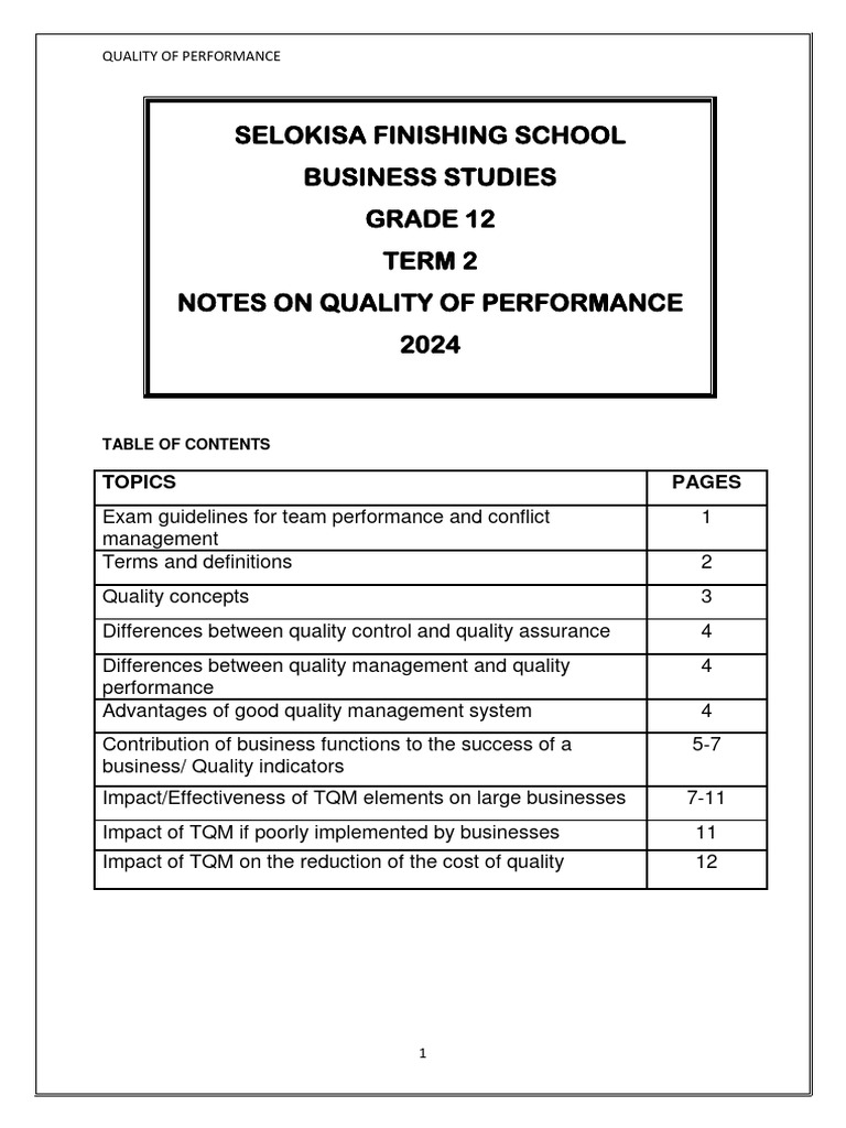 Business Studies Grade 12 Notes On Quality of Performance | PDF ...