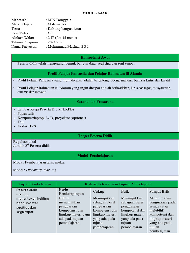 Modul Ajar M. Muslim (MTK Fase C Kelas 5) | PDF