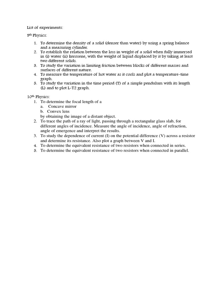 List of Experiments | PDF
