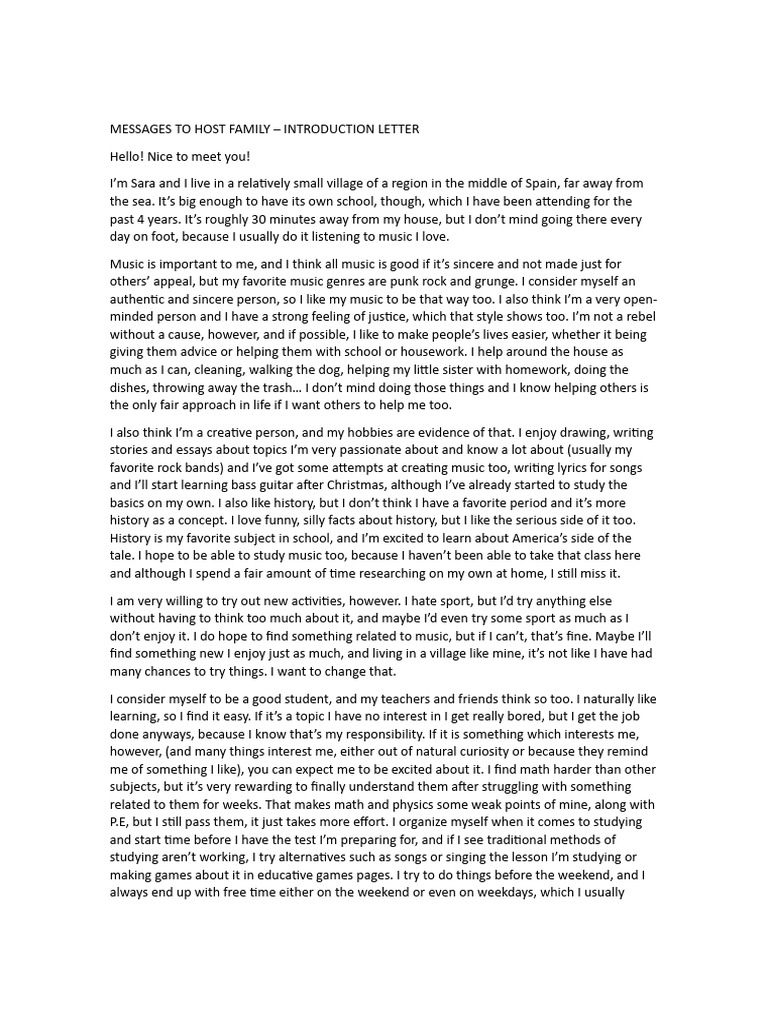 Introduction Letter to Host Family | PDF