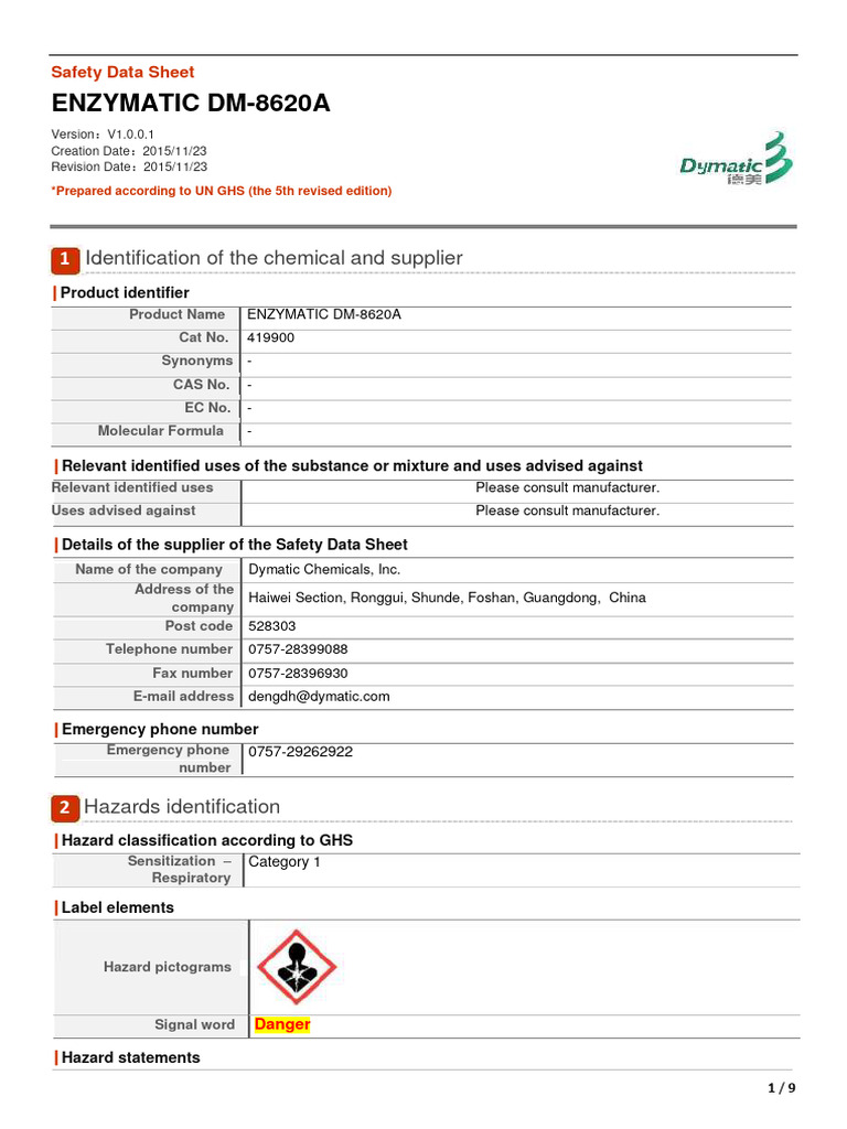 17.enzymatic Dm-8620a Msds (En) | PDF | Occupational Safety And Health ...