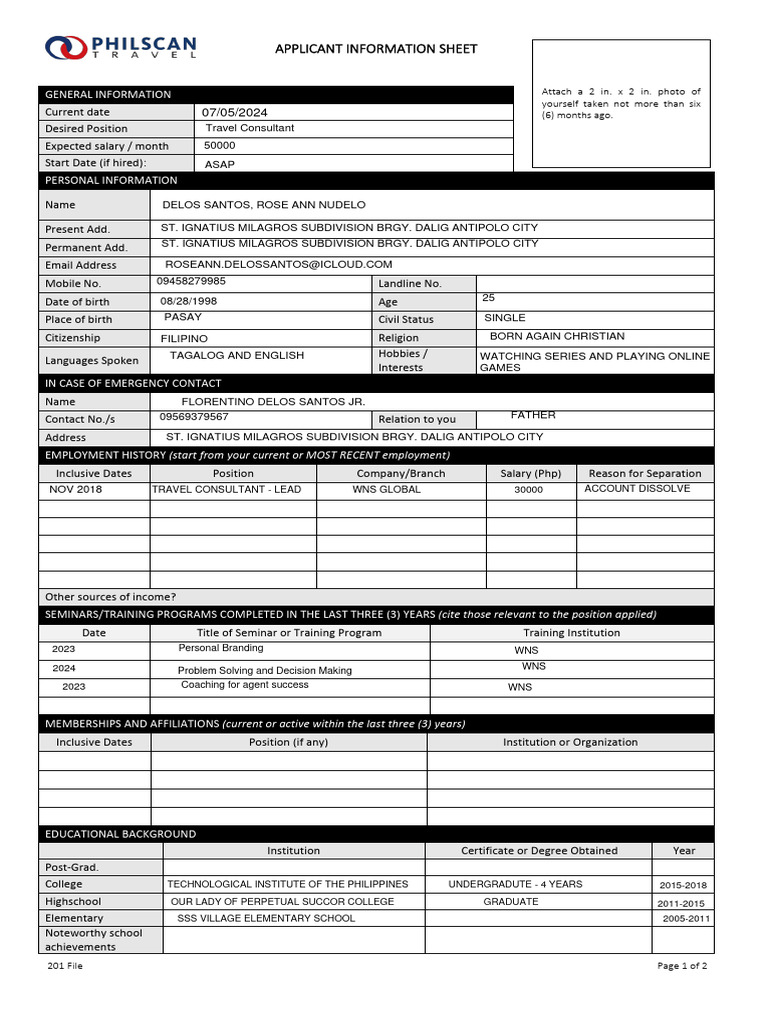 Applicant Information Sheet | PDF