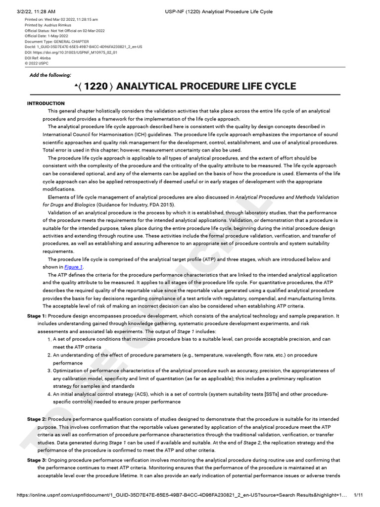 USP-NF 1220 Analytical Procedure Life Cycle | PDF | Accuracy And Precision | Verification And ...