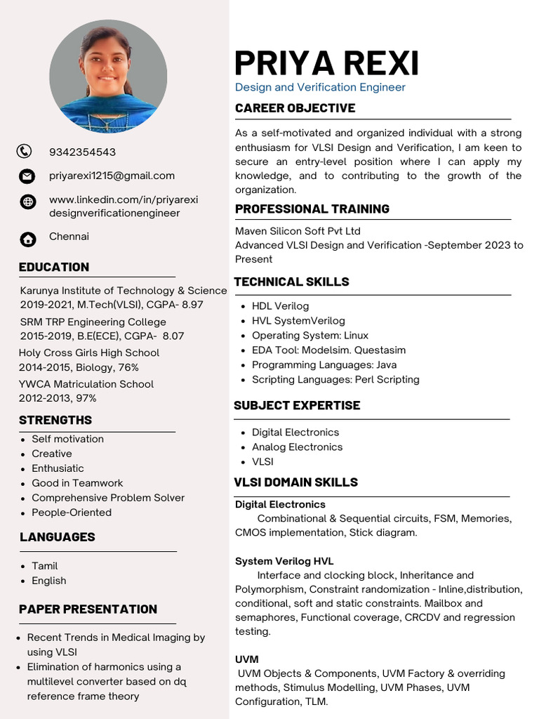 R Priya Rexi Resume | PDF | Hardware Description Language | Electronics