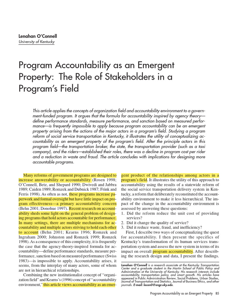 O'Connell (2005) Program Accountability As An Emergent Property The Role of Stakeholders in A ...