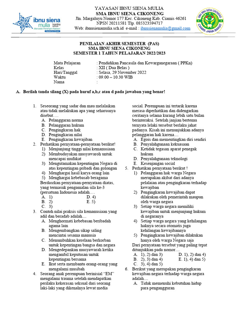 Soal PAS PPKn Kelas XII SMA Ibnu Siena | PDF | Politik | Ilmu Sosial