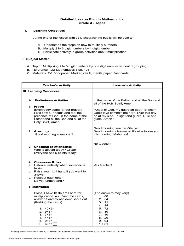 Grade 3 Multiplication Lesson Plan | PDF | Multiplication | Cognition