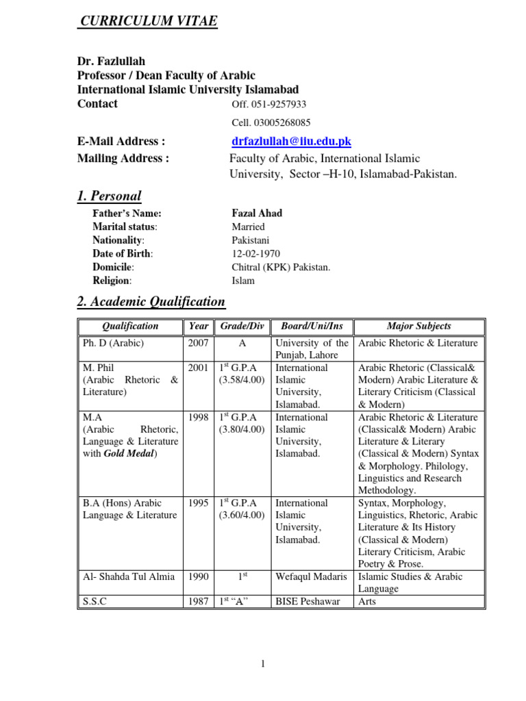 Dr. Fazlullah's Academic CV Overview | PDF | Quran | Islam