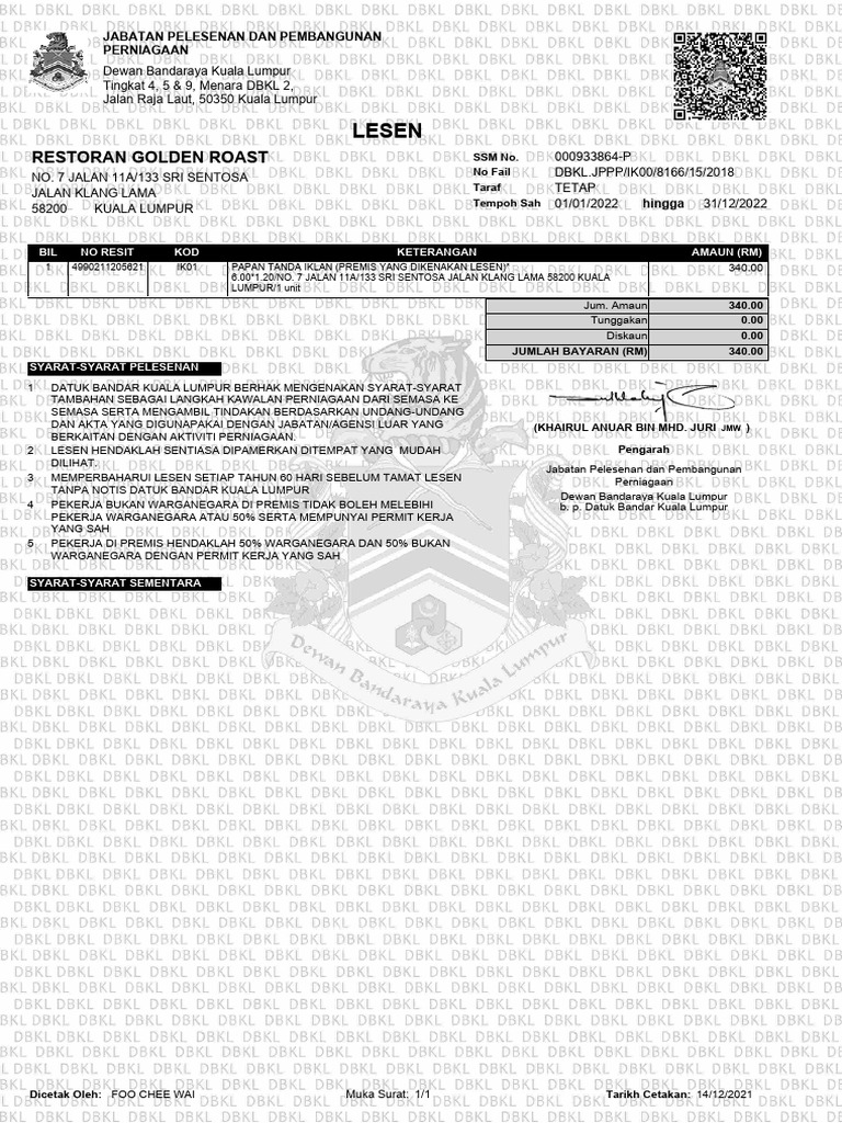 DBKL Iklan Licence 2022-Restoran Golden Roast | PDF