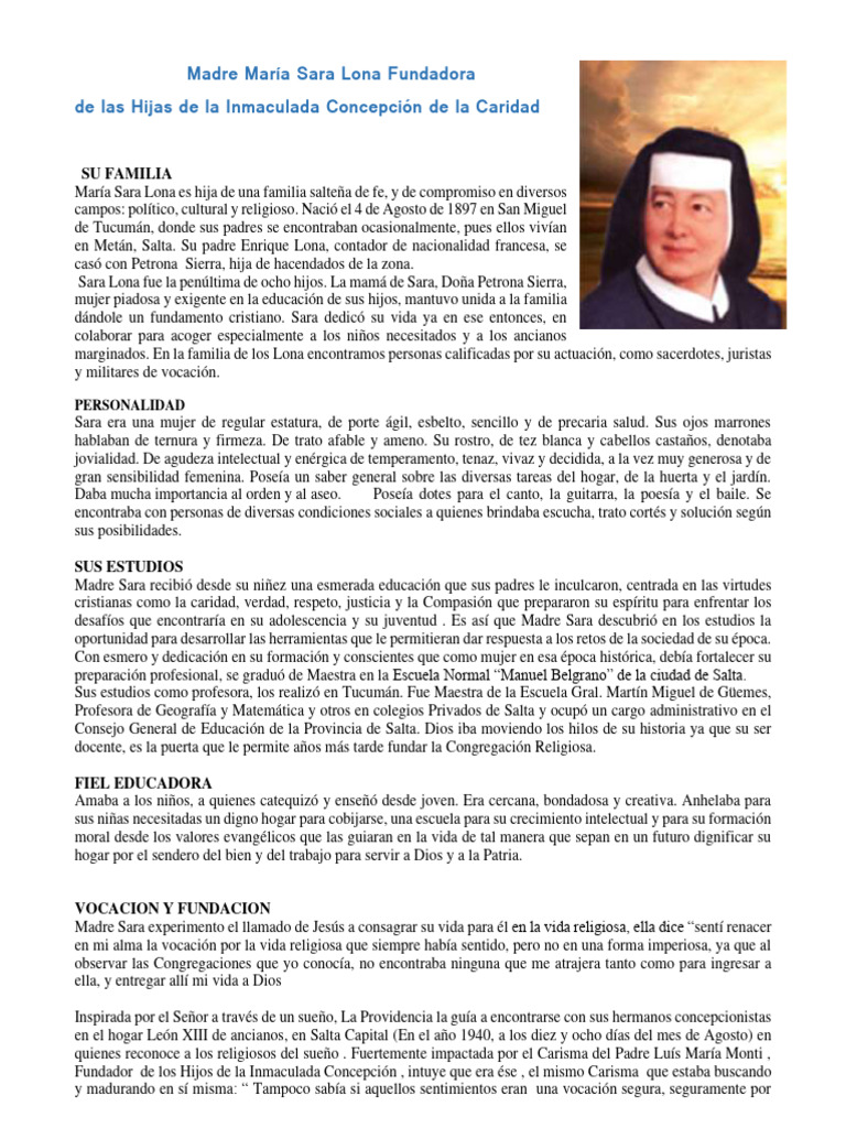 Biografia de Madre María Sara Lona | PDF | Maestros | Escuelas