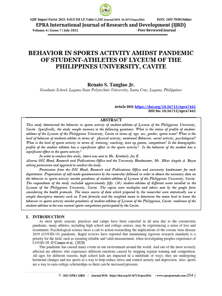 Behavior in Sports Activity Amidst Pandemic of Student 4c5lgjwdi9 | PDF ...