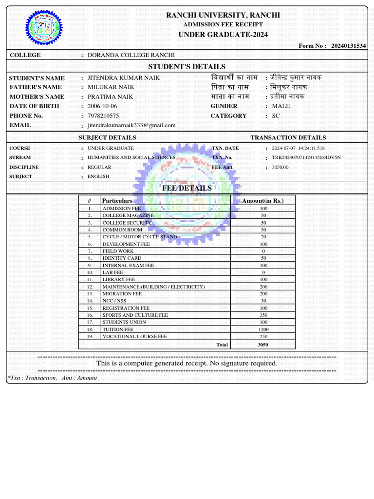 Admission Fee Receipt 20240131534 | PDF