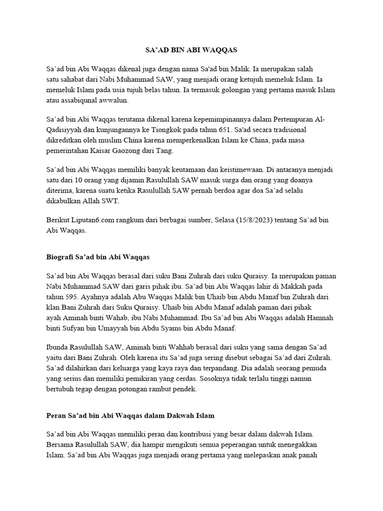 Biografi Sa'ad Bin Abi Waqqas | PDF