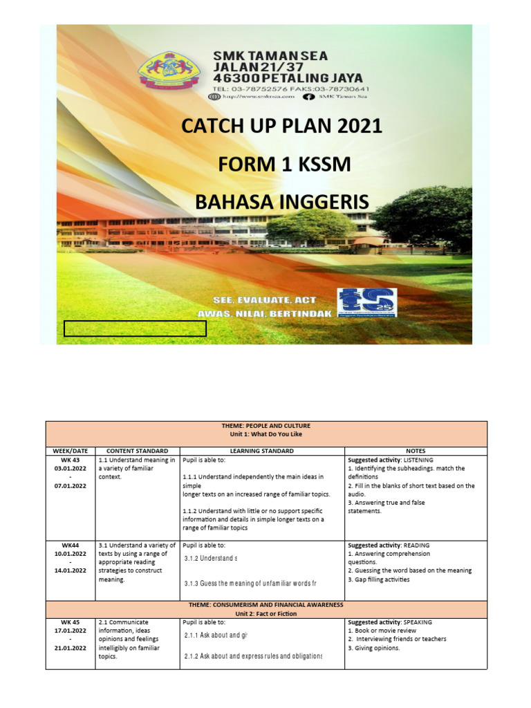 FORM 1 - Catch-Up Plan 2021 | PDF | Reading Comprehension | Cognition