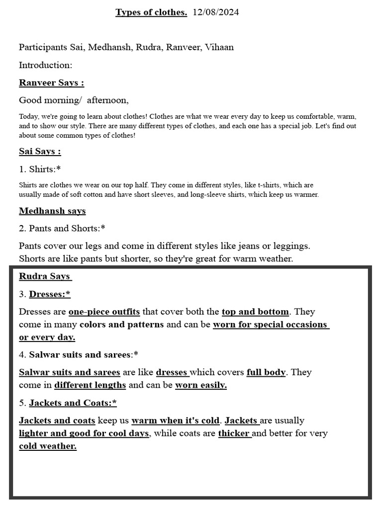 Types of Clothes 12082024 | PDF | Textiles | Linens