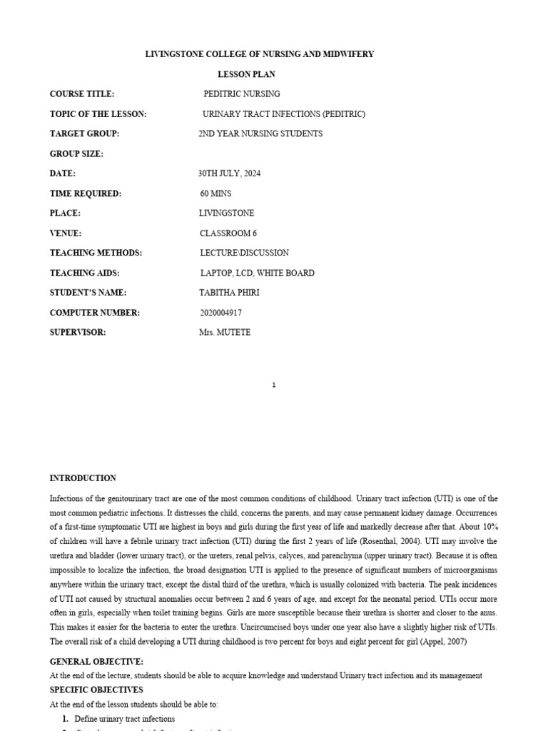 Pediatric UTI Lesson Plan for Nurses | PDF | Urinary Tract Infection ...