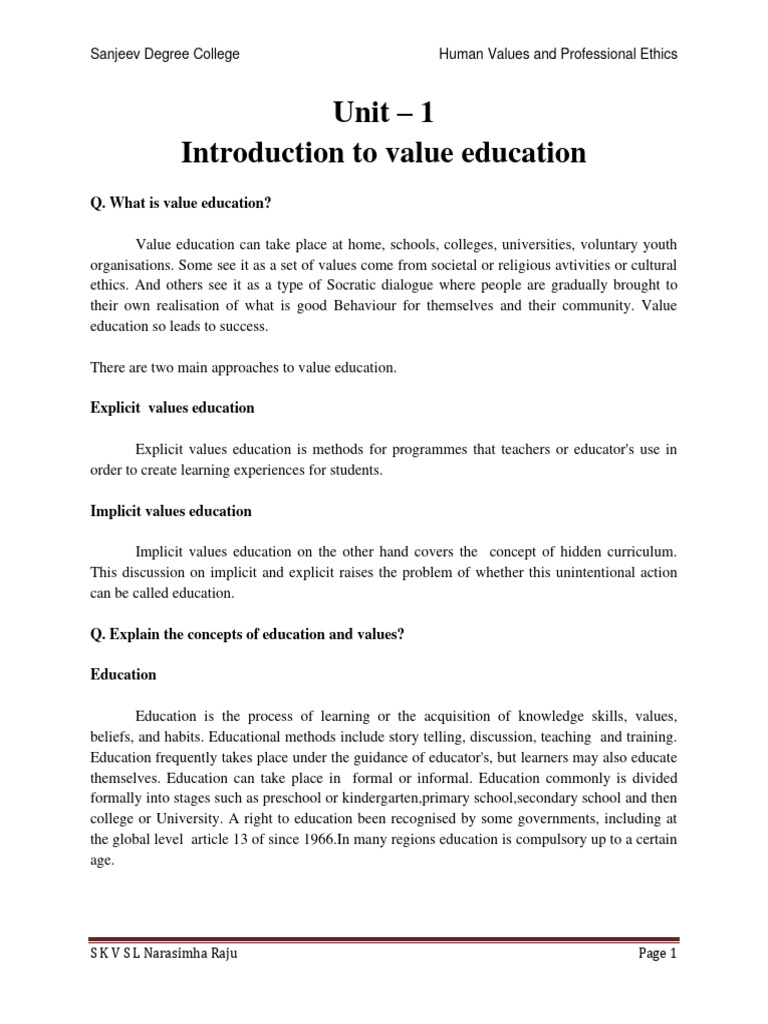Value Education | PDF | Teachers