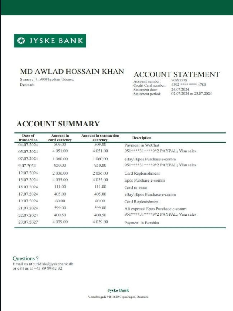 Jyske Bank Statement Template | PDF