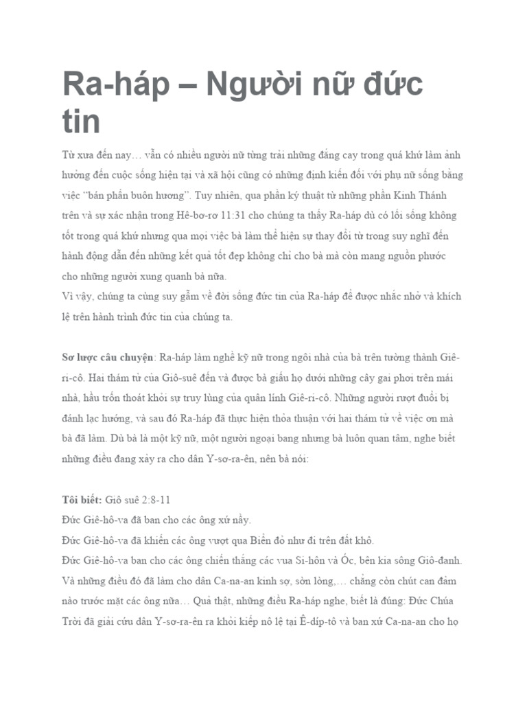Ra-háp - Người nữ đức tin: Sơ lược câu chuyện: Ra-háp làm nghề kỹ nữ trong ngôi nhà của bà trên ...
