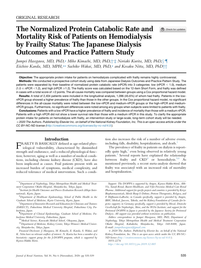 The Normalized Protein Catabolic Rate and Mortality Risk of P 2020 ...
