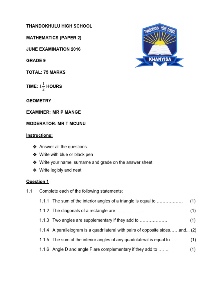 Task 5 - June Examination Paper 2 2016 Grade 9 Final Draft | PDF ...