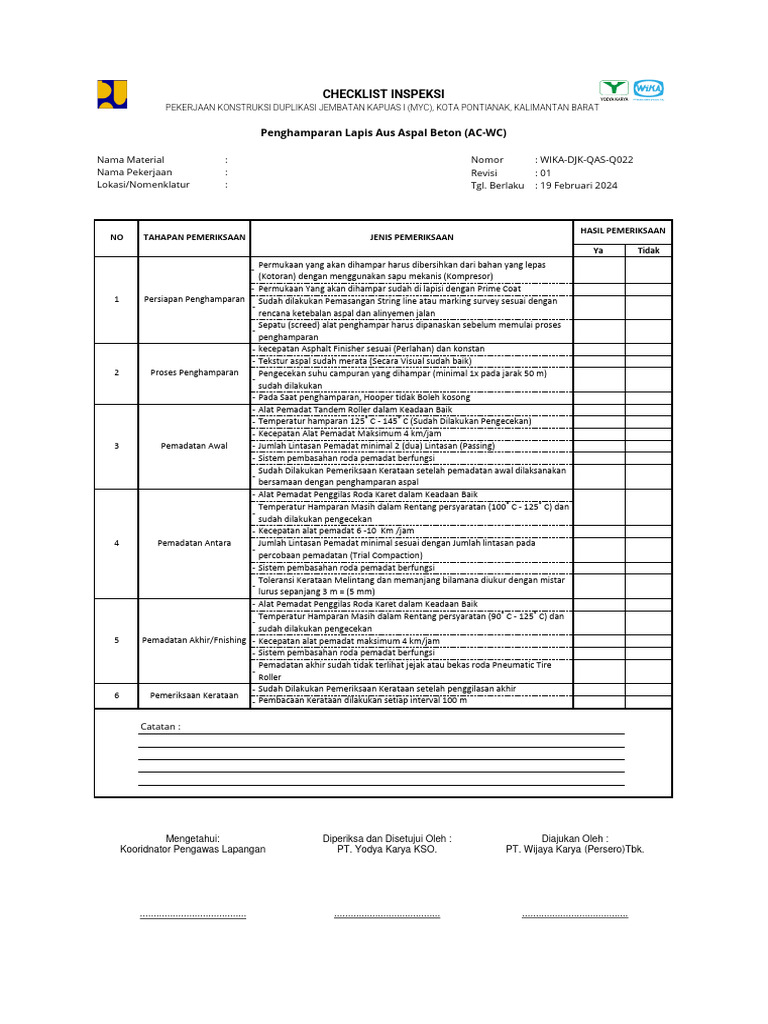 Checklist Pekerjaan AC-WC (Penghamparan) | PDF