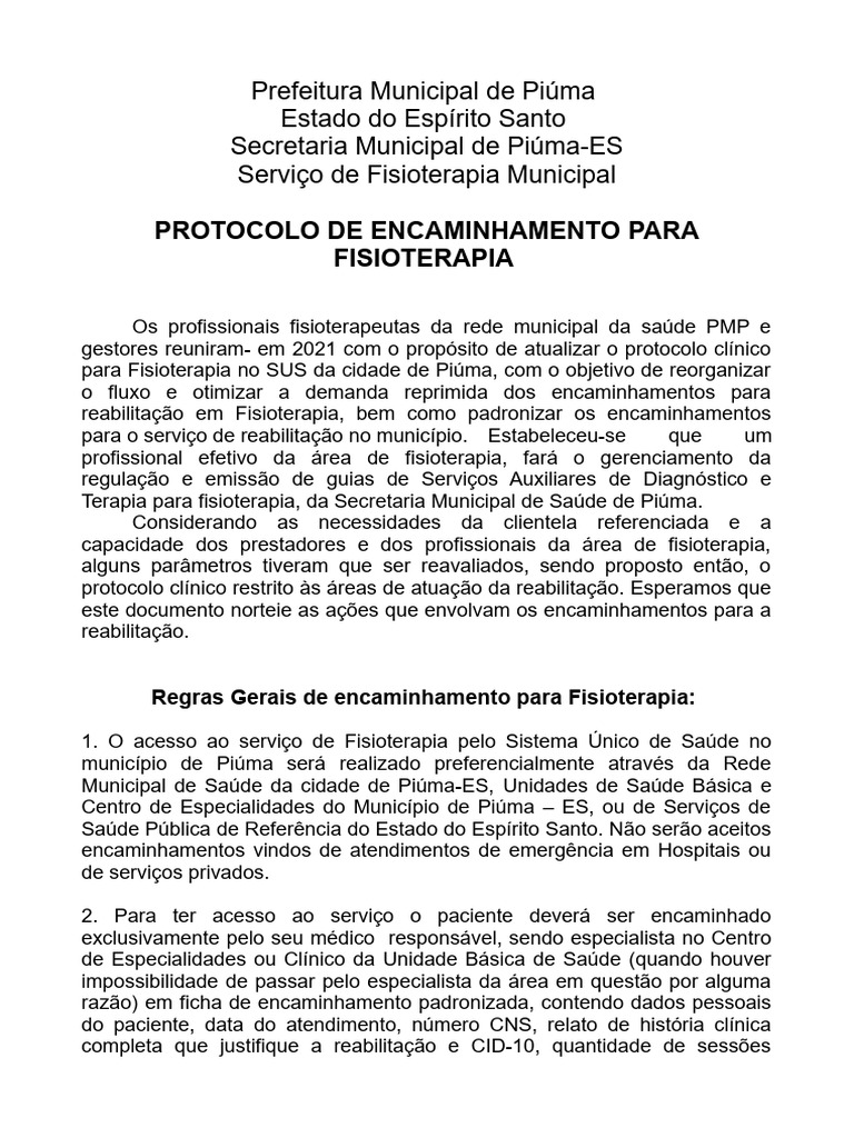 Protocolo de Encaminhamento Fisioterapia | PDF | Fisioterapia ... Protocolo de Encaminhamento Fisioterapia | PDF | Fisioterapia ...