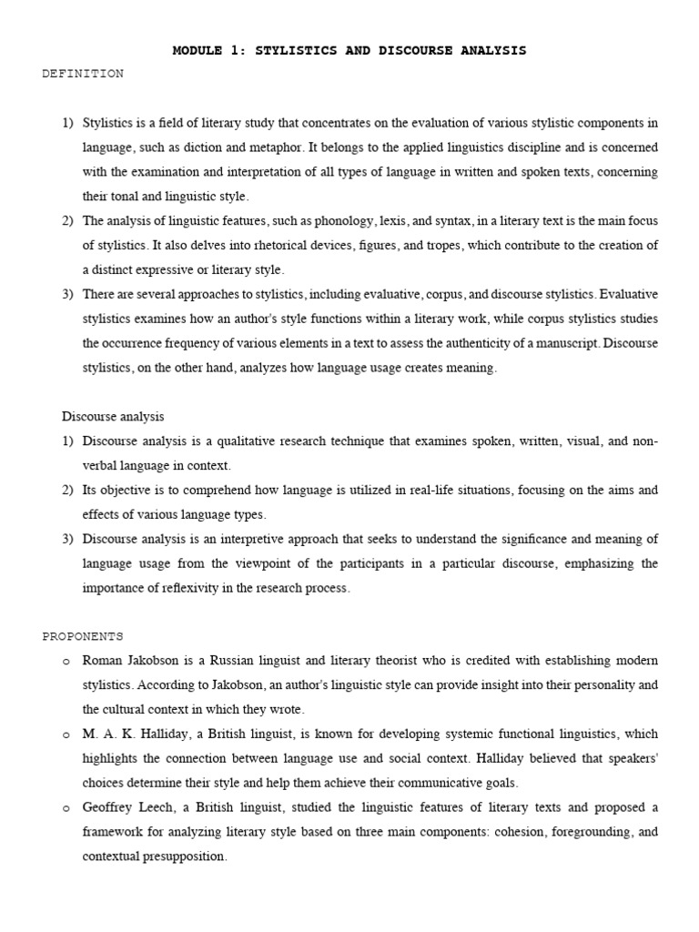 Module 1 Stylistics and Discourse Analysis | PDF | Linguistics | Semantics