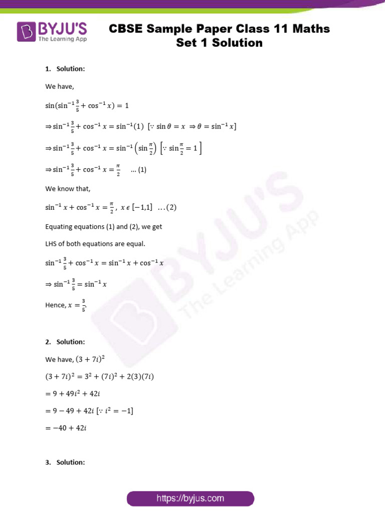 CBSE Sample Paper Class 11 Maths Set 1 Solution | PDF | Mathematical ...