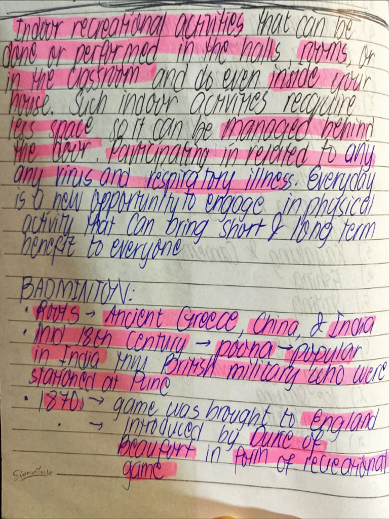 Indoor Recreational Activities and Badminton Pe Notes | PDF