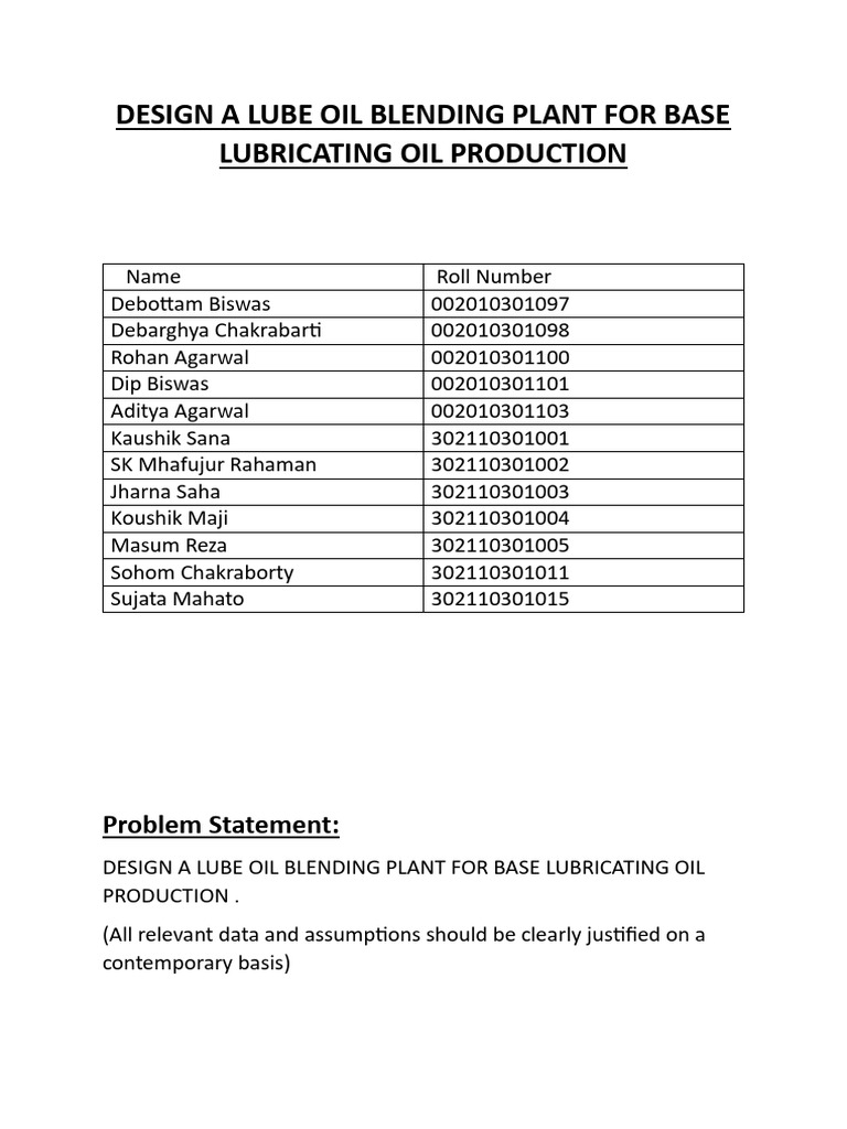 DESIGN A LUBE OIL BLENDING PLANT FOR BASE LUBRICATING OIL PRODUCTION ...